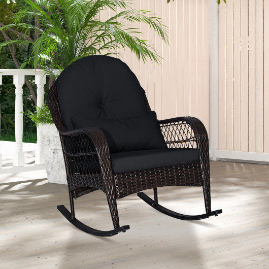 Patio Rattan Rocking Chair with Seat Back Cushions and Waist Pillow-Bl ...